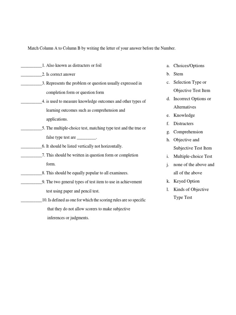 Chapter Test Matching Type | PDF | Multiple Choice | Tests