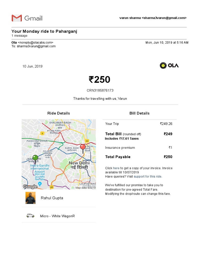 Ola Ride Invoice for Paharganj Trip | PDF
