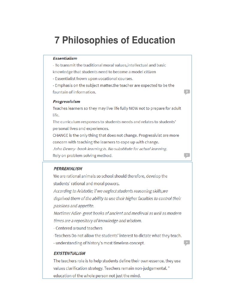 Seven Philosophies of Education: A Comparison of Essentialism ...