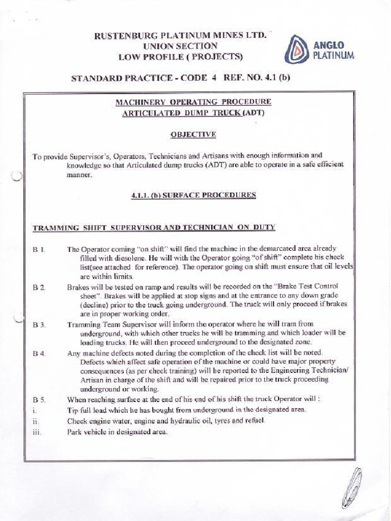 4.1b Mach. Operating Procedure Articulated Dump Truck - Adt | PDF
