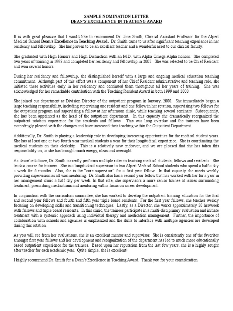Sample Nomination Letter | PDF | Residency (Medicine) | Medical School