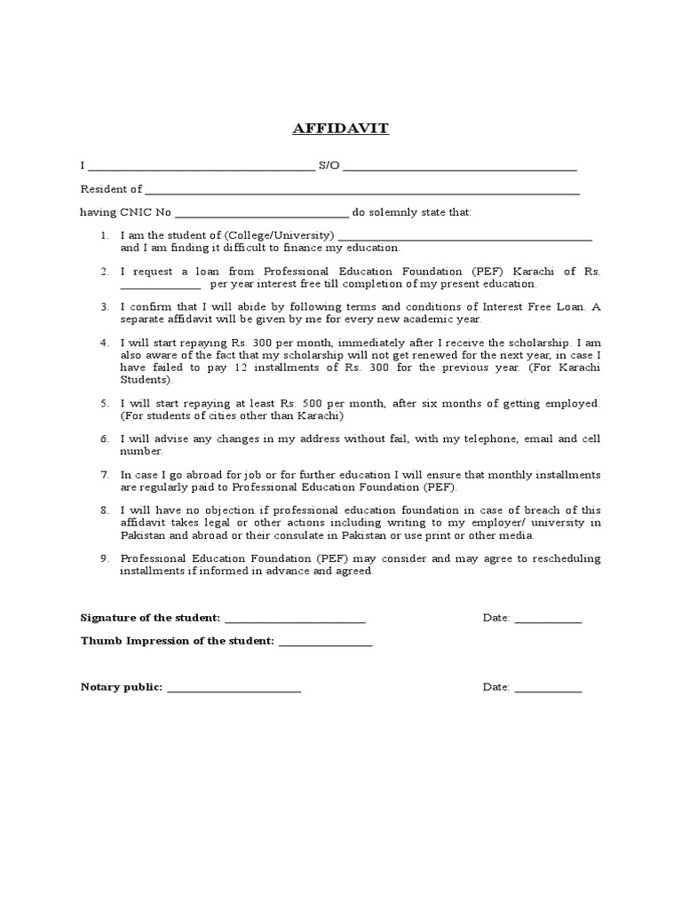 Affidavit: Signature of The Student: - Thumb Impression of The Student ...
