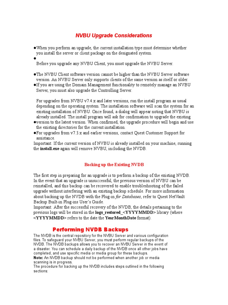 NVBU Upgrade Considerations: Performing NVDB Backups | PDF