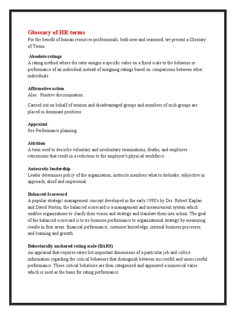 HR Terms Glossary for Professionals | PDF | Employment | Performance ...