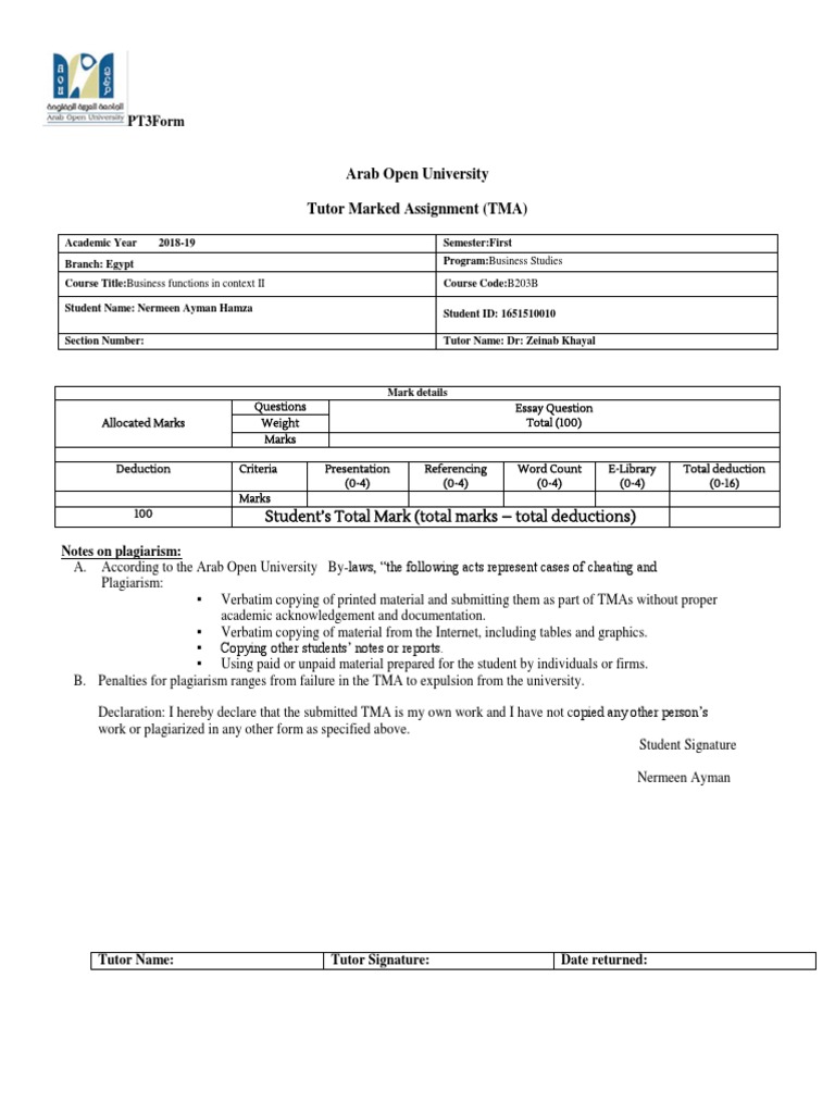 Arab Open University Tutor Marked Assignment (TMA) : PT3Form | PDF ...