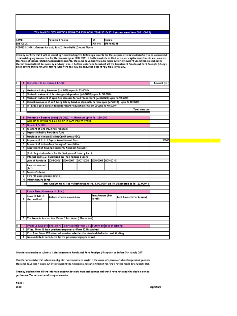 Tax Savings Declaration Form 2010-11 | PDF | Government | Government ...