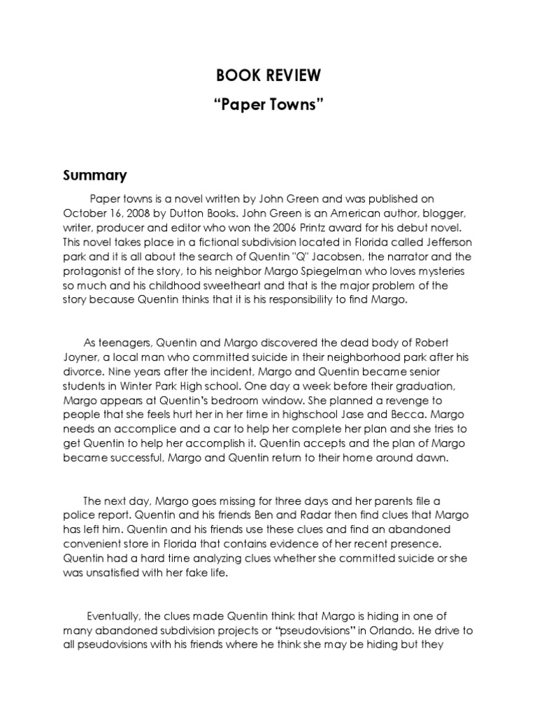 Papertowns Bookreview | PDF | Novels
