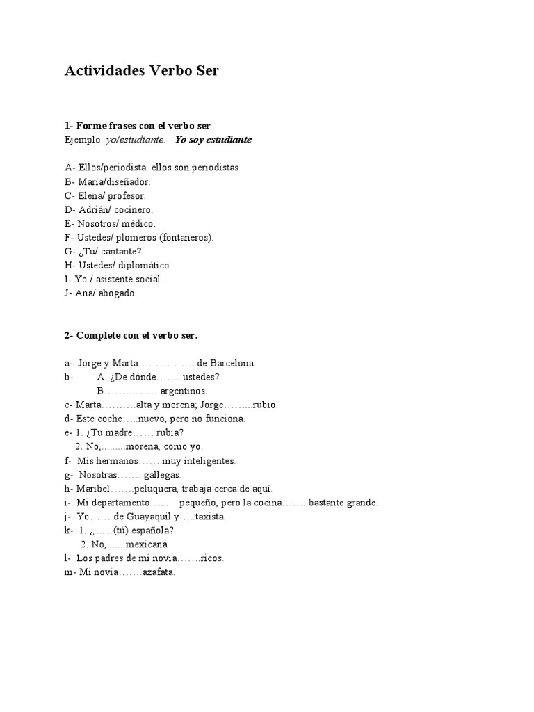 Actividades Verbo Ser | PDF