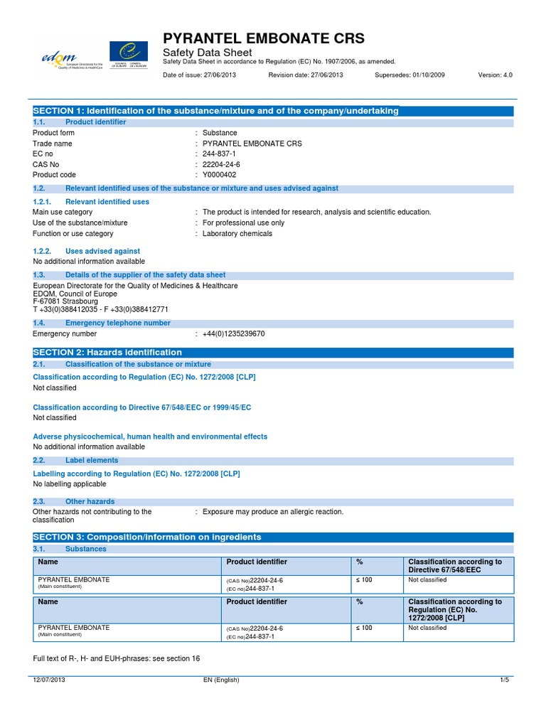 Pyrantel Embonate CRS: Safety Data Sheet | Download Free PDF | Safety ...