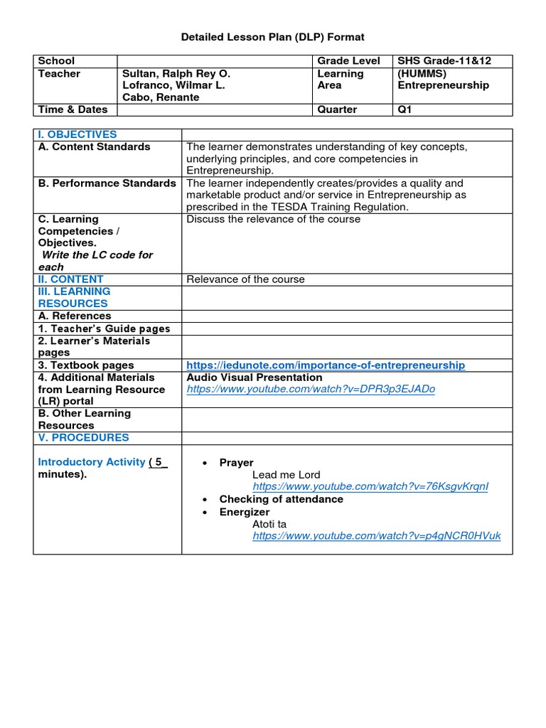 Intrep | PDF | Entrepreneurship | Lesson Plan