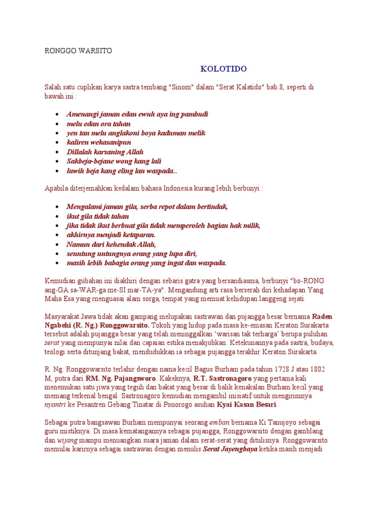 Biografi Raden Ngabehi Ronggowarsito | PDF