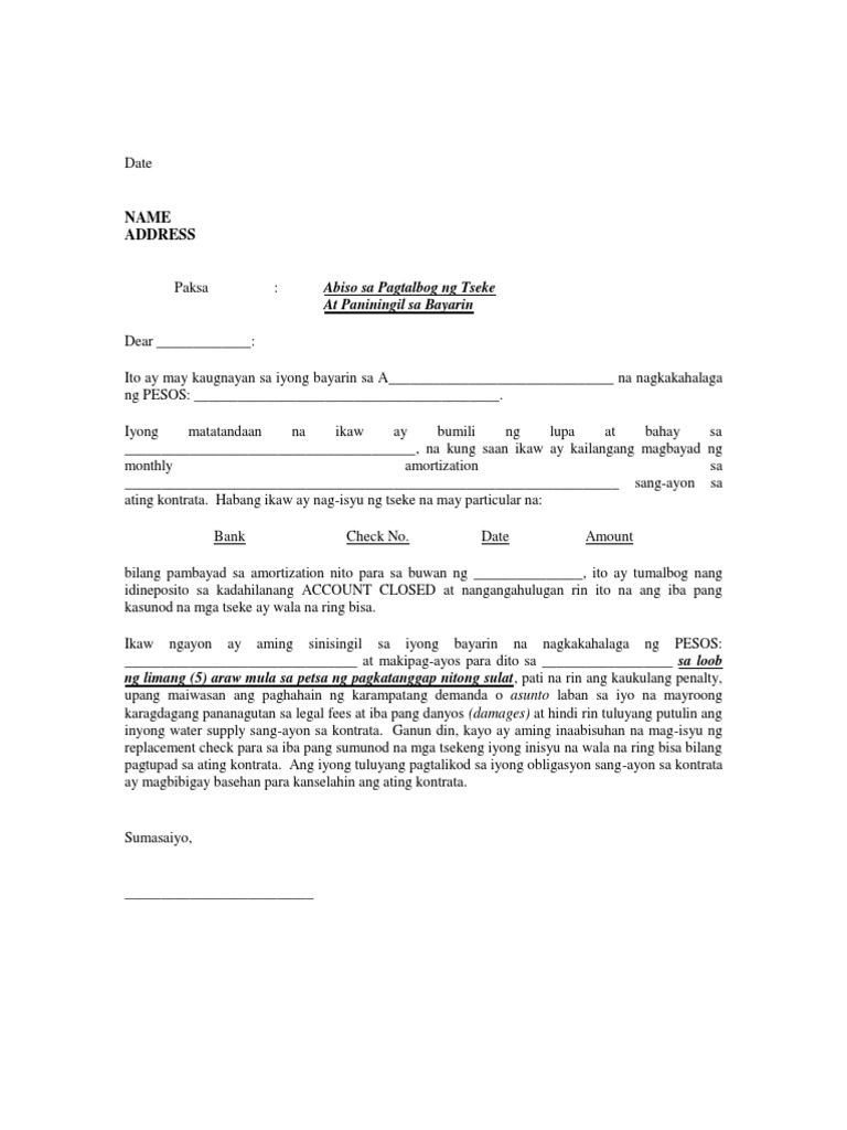 Abiso Sa Pagtalbog NG Tseke | PDF
