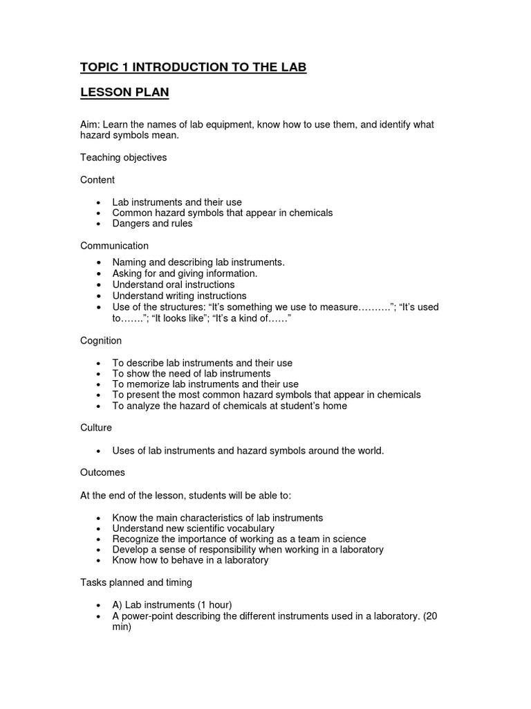 Topic 1 Introduction To The Lab Lesson Plan | Download Free PDF ...