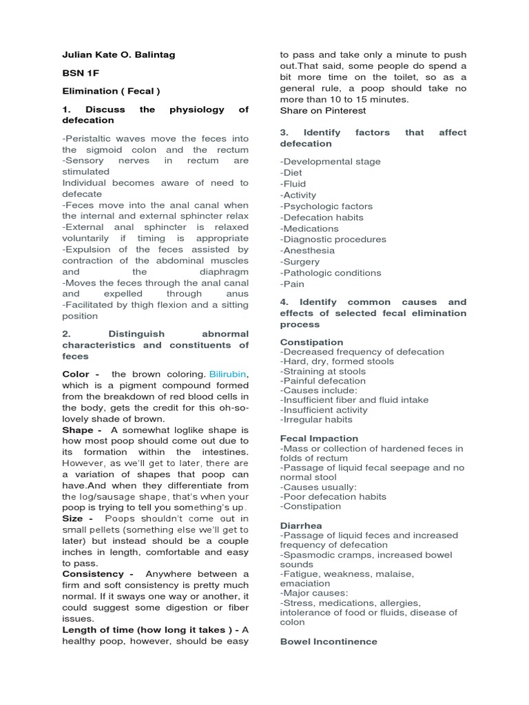Julian Kate O. Balintag BSN 1F Elimination (Fecal) 1. Discuss The ...