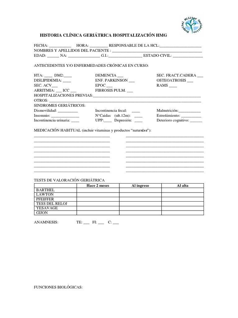 Historia Clínica Geriátrica Hospitalización Hmg: Hace 2 meses Al ingreso Al alta | Enfermedades ...