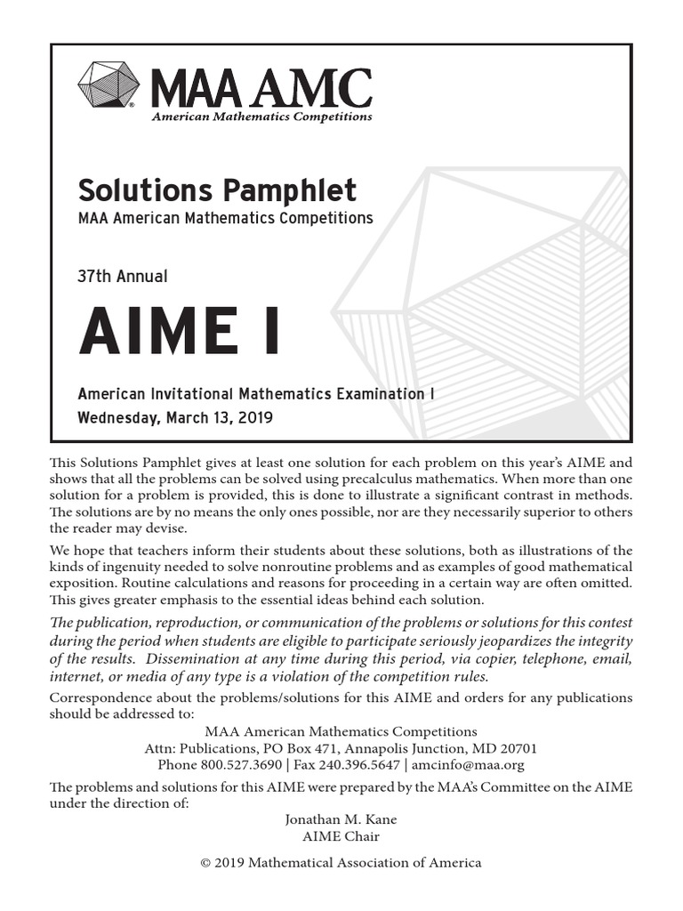 2019 American Invitational Mathematics Examination (AIME) I Solutions ...