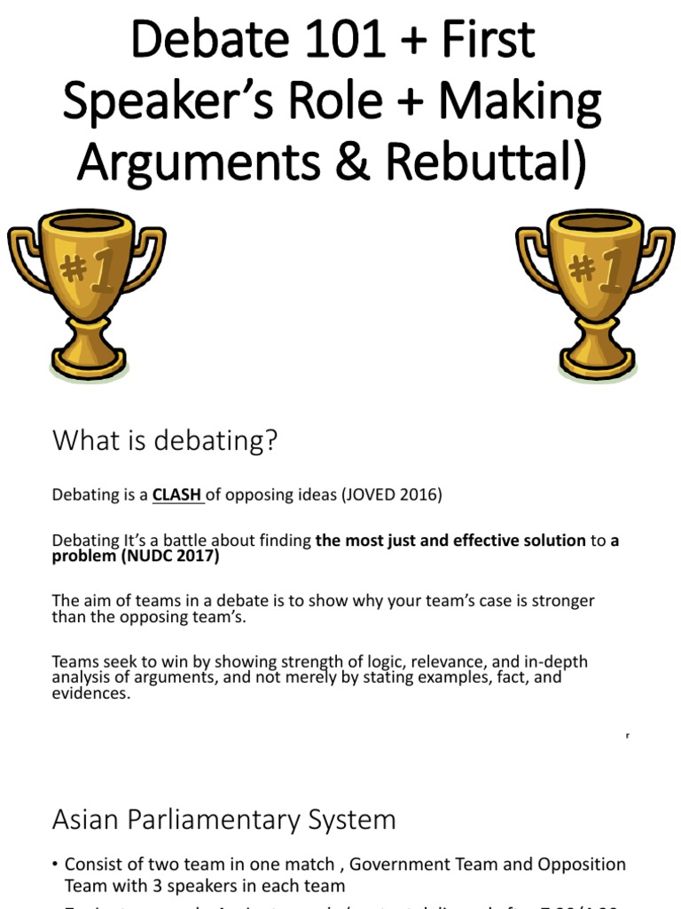 Debate 101 + First Speaker's Role + Making Arguments & Rebuttal) | PDF | Argument