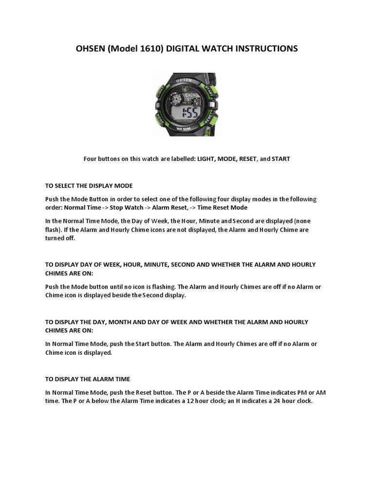 Ohsen (Model 1610) Digital Watch Instructions: To Select The Display ...