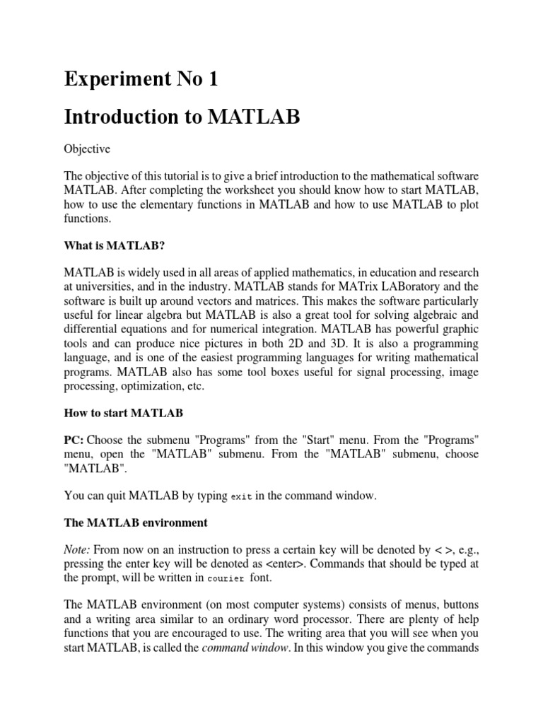 Experiment No 1 Introduction To MATLAB | PDF | Matlab | Matrix (Mathematics)