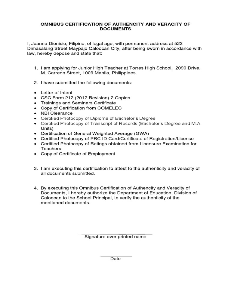 Omnibus Certification of Document Authenticity | PDF | Career & Growth ...