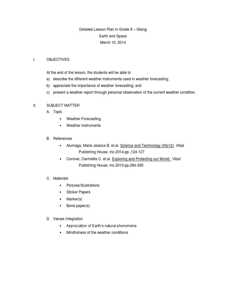 Detailed Lesson Plan in Grade 8 | PDF | Weather Forecasting | Meteorology