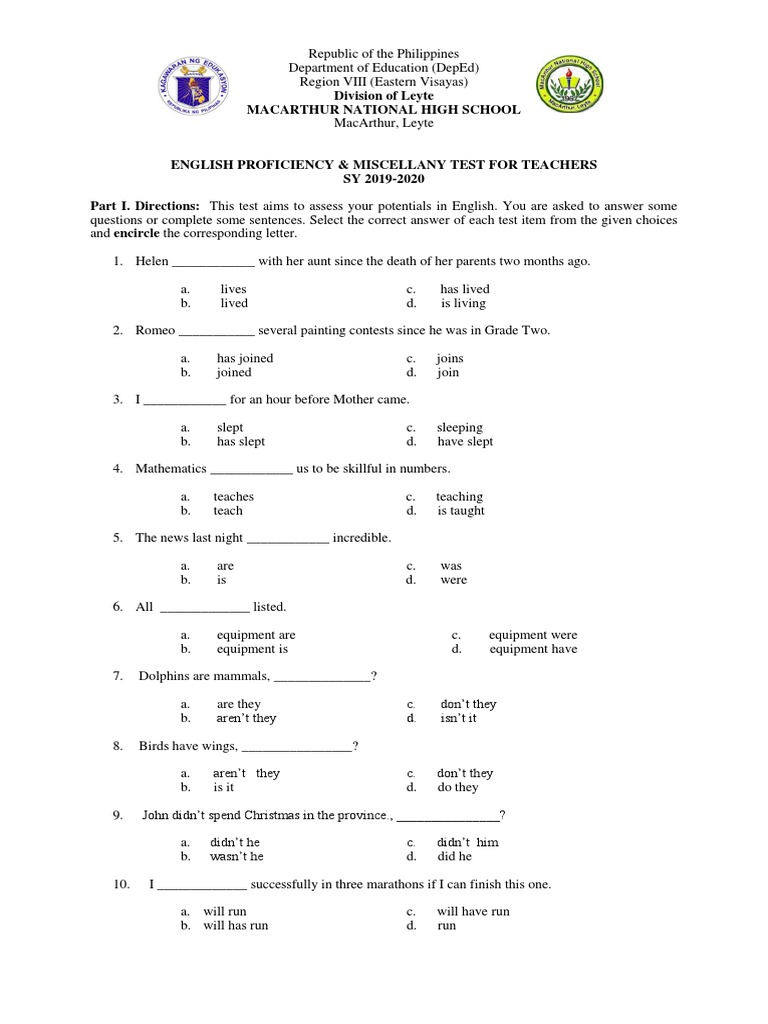 English Proficiency Test for Teachers | PDF | Learning | Behavior ...