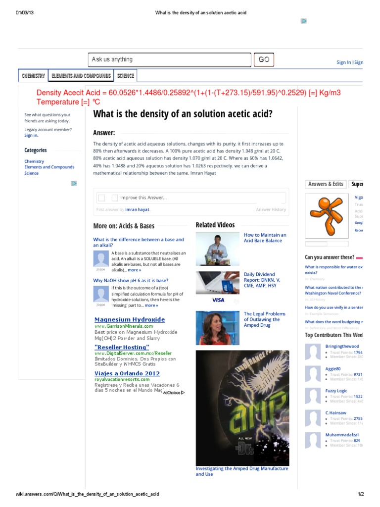 Acetic Acid Solution Density Guide | PDF | Acid | Density