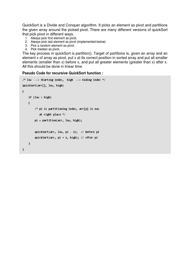 QuickSort Is A Divide and Conquer Algorithm | PDF