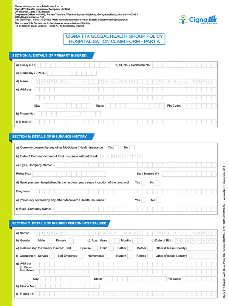 Claim Form - Hospitalization | PDF | Insurance | Hospital