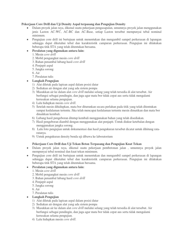 Pekerjaan Core Drill Dan Uji Density Aspal Terpasang | PDF