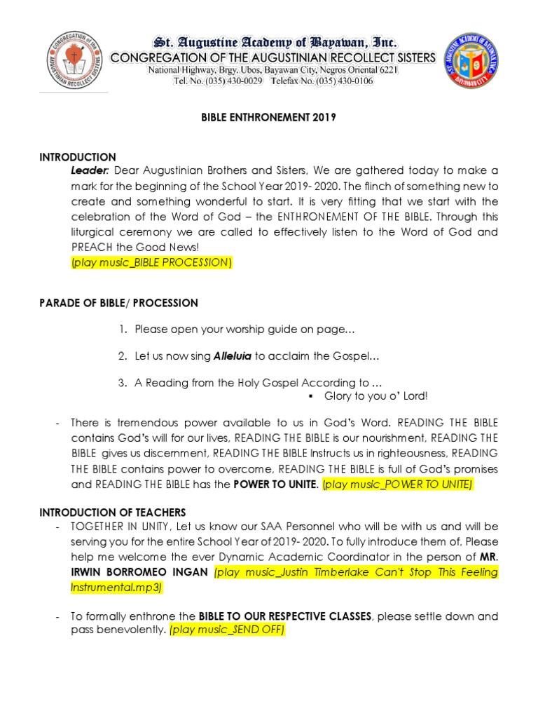 Bible Enthronement 2019 | PDF | Prayer | The Gospel