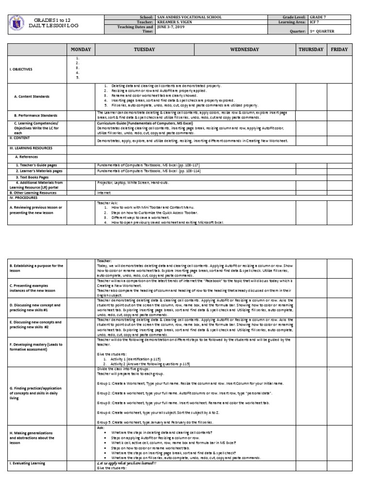 DLL-ICF 7 June 3-7, 2019 | Download Free PDF | Worksheet | Teachers