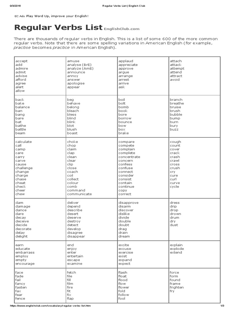 Regular Verbs List - English Club | PDF