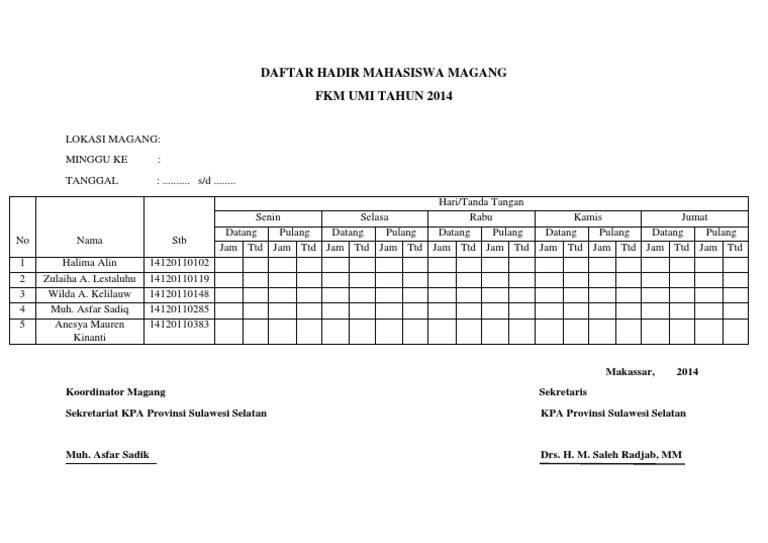 Daftar Hadir Mahasiswa Magang | PDF
