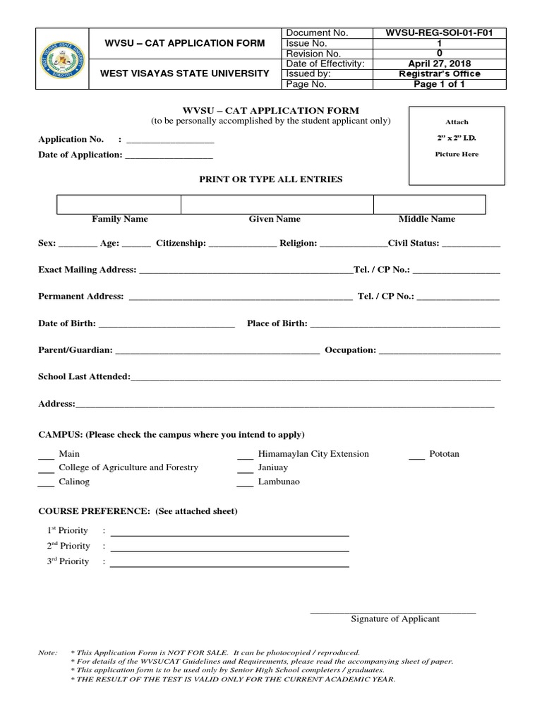 Wvsu - Cat Application Form: Attach 2" X 2" I.D. Picture Here | PDF | Identity Document