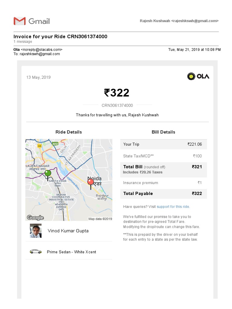 Invoice for your Ola ride with ride details and payment summary | PDF ...