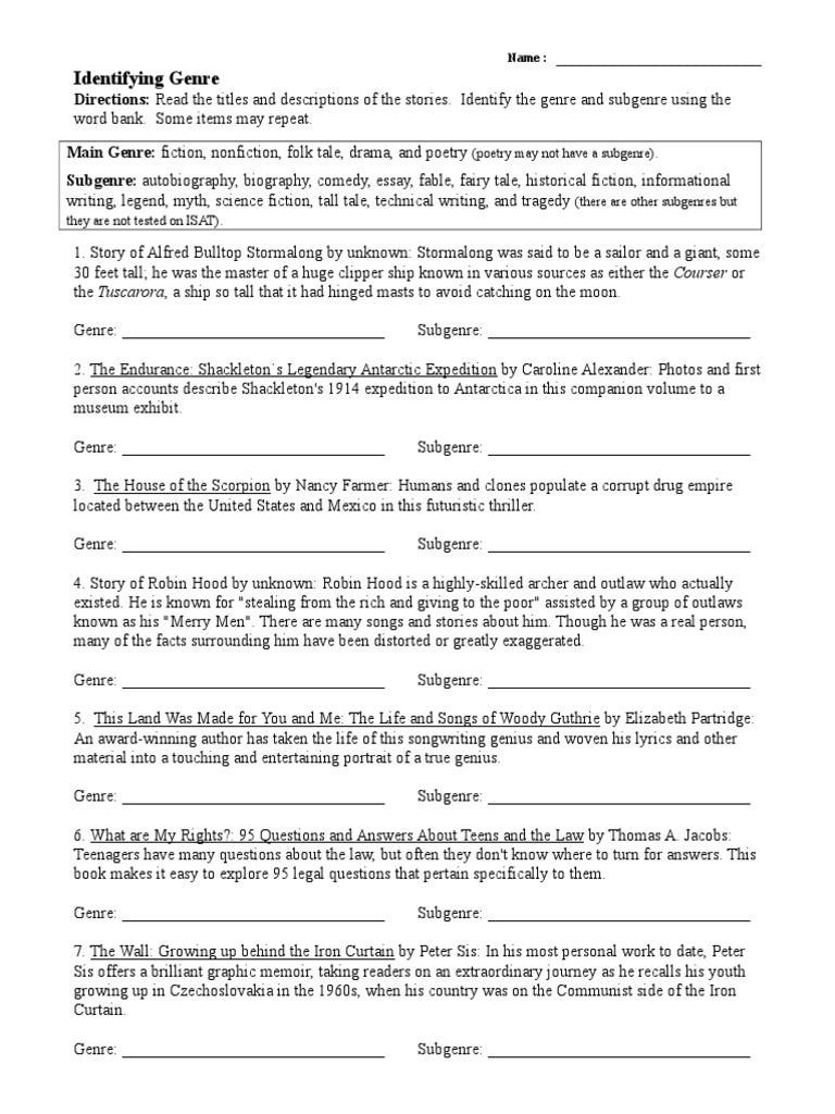 Identifying Literary Genres Worksheet | PDF | Genre