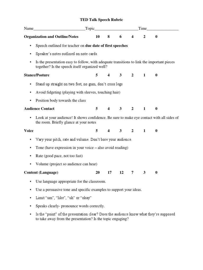 TED Talk Speech Evaluation Rubric | PDF | Epistemology | Cognitive Science
