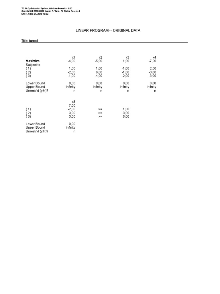 Linear Program - Original Data Linear Program - Original Data | PDF ...