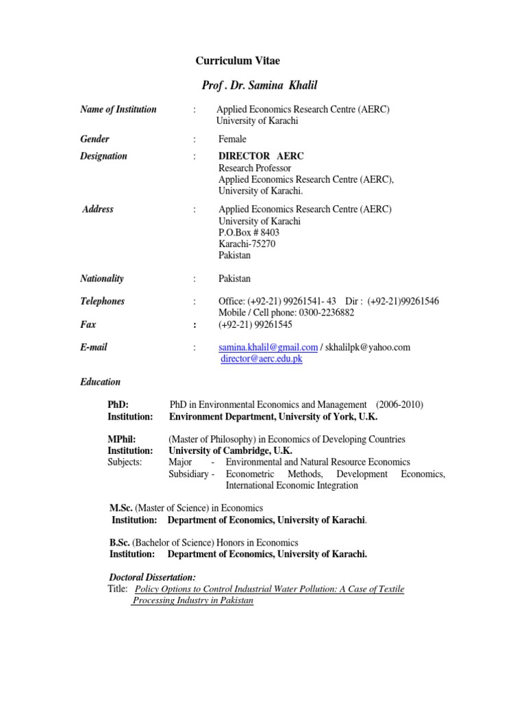 Prof - Dr. Samina Khalil: Curriculum Vitae | PDF | Environmental Policy ...