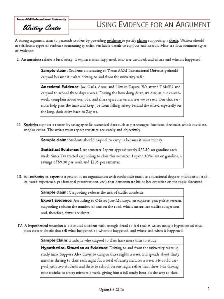 Persuasive Strategies: Using Evidence to Support Claims in an Argument ...