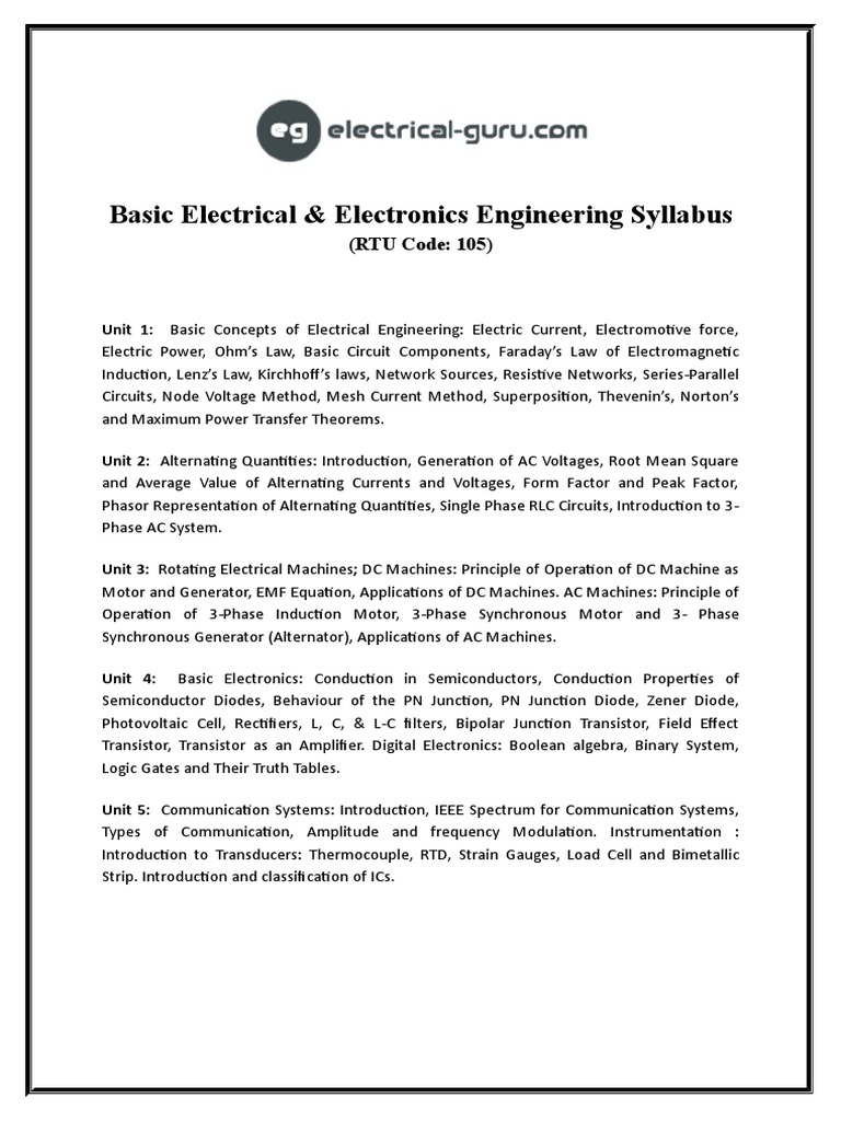 Basic Electrical & Electronics Engineering Syllabus: (RTU Code: 105) | PDF