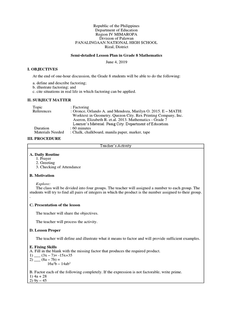 Semi-Detailed Lesson Plan in Grade 8 Mathematics: Explore | PDF ...