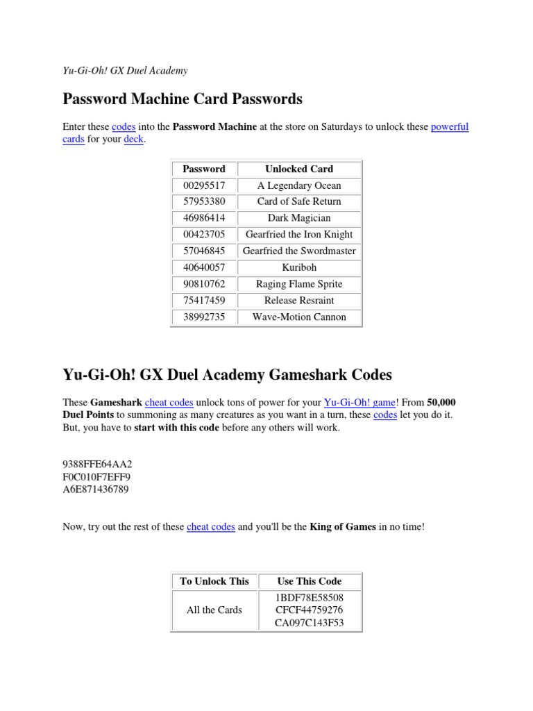 Yu Gi Oh Cheat Codes | PDF | Card Games | Toys