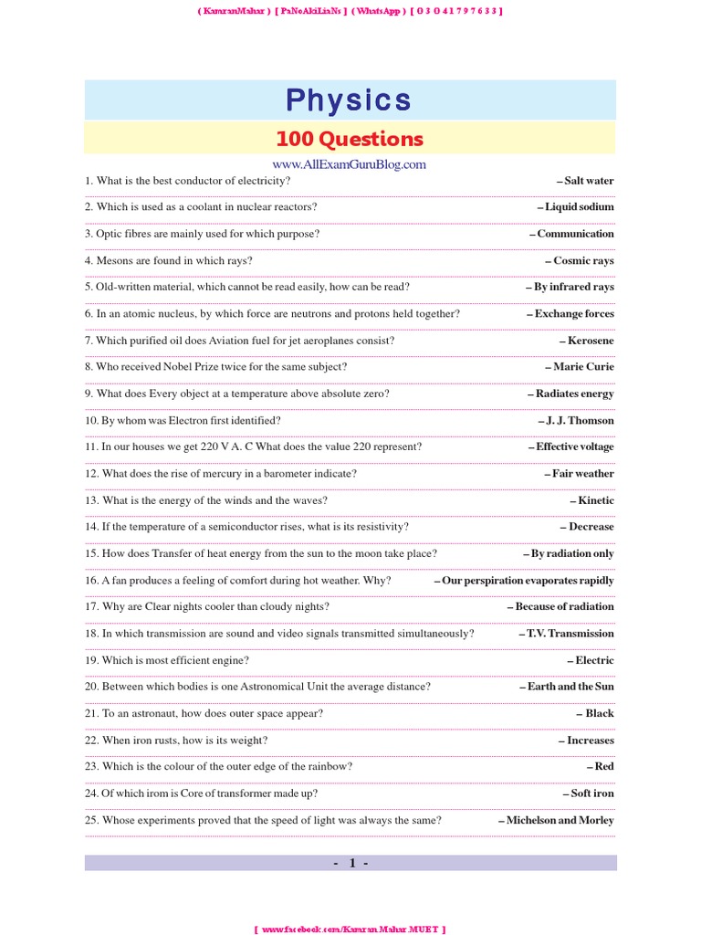100 Physics Questions | PDF | Radiation | Electrical Resistivity And ...