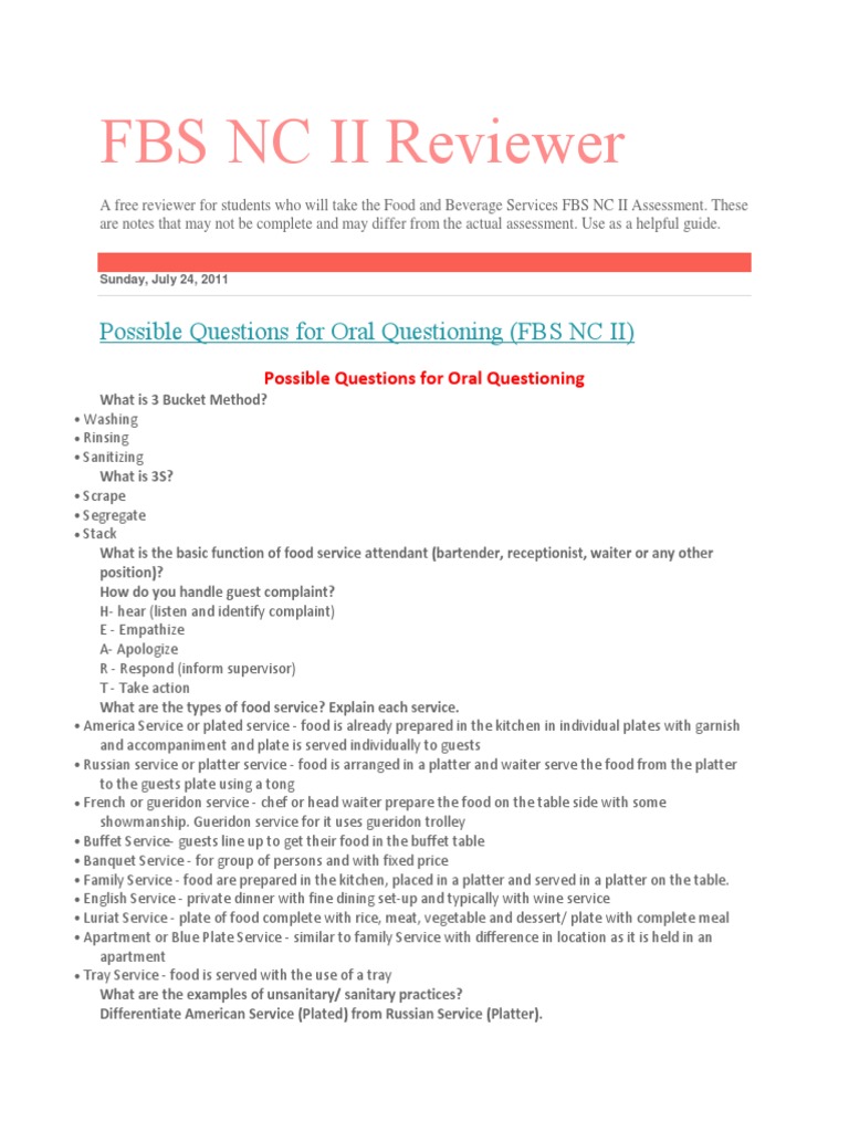 FBS NC II Reviewer: Tips and Questions | PDF | Tableware | Spoon