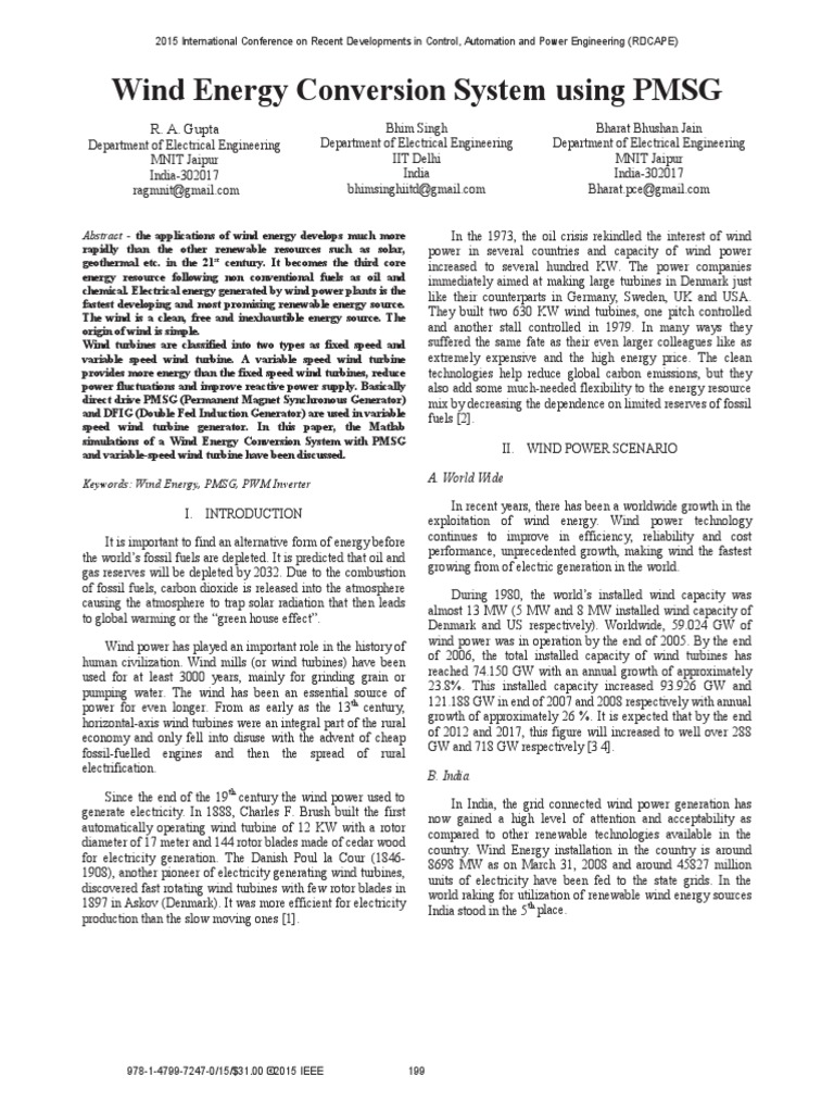 Wind Energy Conversion System Using PMSG: R. A. Gupta | PDF | Wind Power | Wind Turbine