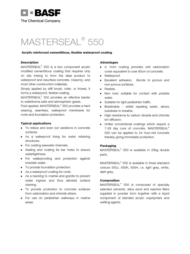 03 - TDS - Masterseal 550 | PDF | Chloride | Concrete