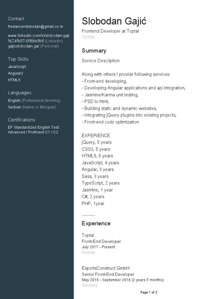 Slobodan Gajic CV | PDF | Angular Js | Html5 Slobodan Gajic CV | PDF | Angular Js | Html5