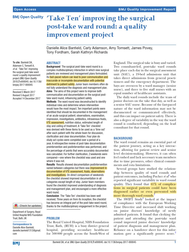 Take Ten' Improving The Surgical Post-Take Ward Round A Quality ...